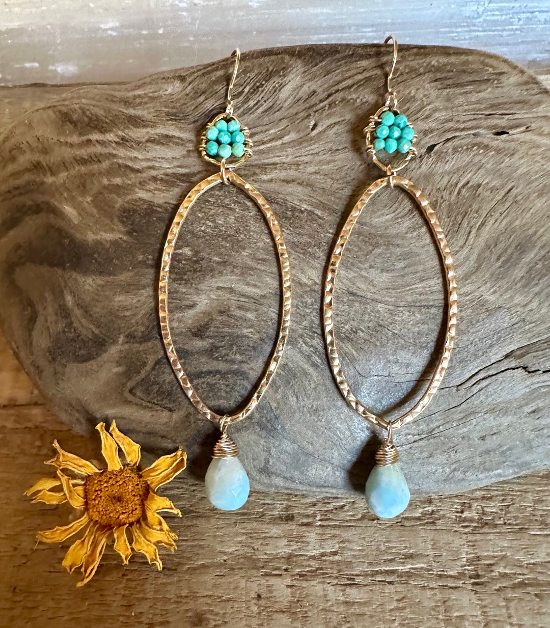 Turquoise and Larimar Gemstone Gold Hoop Earrings - Etsy