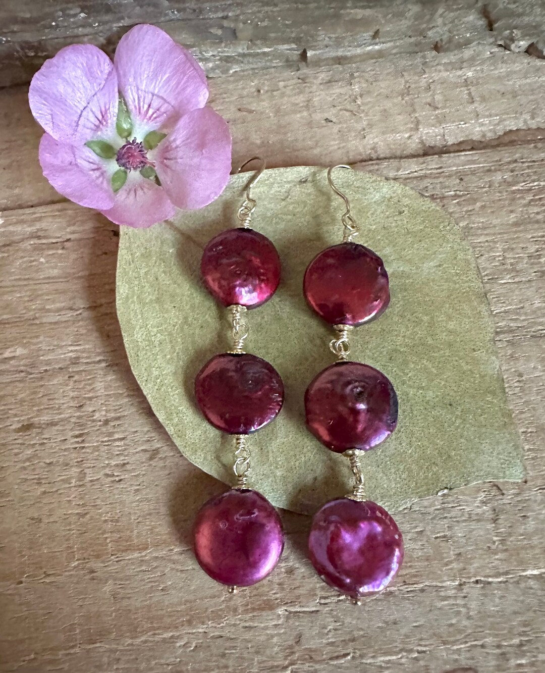 Cranberry Coin Shaped Freshwater Pearl Gold Dangle Earrings - Etsy