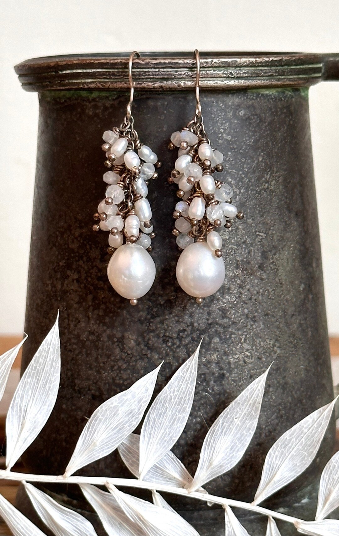 Freshwater Pearl and Moonstone Gemstone Silver Handmade Dangle Earrings ...