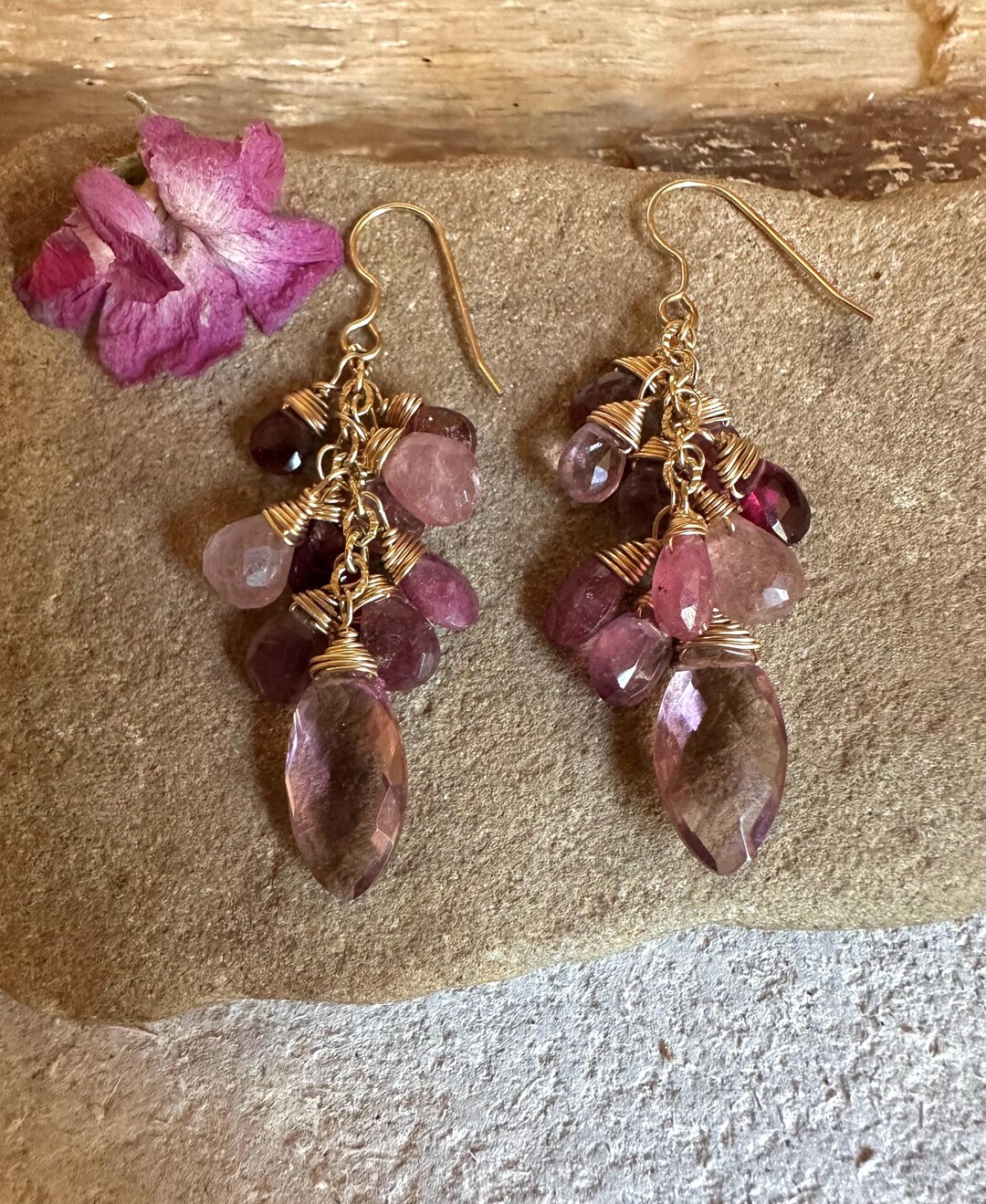 Pink Quartz, Strawberry Quartz, and Tourmaline Gemstone Gold Handmade ...