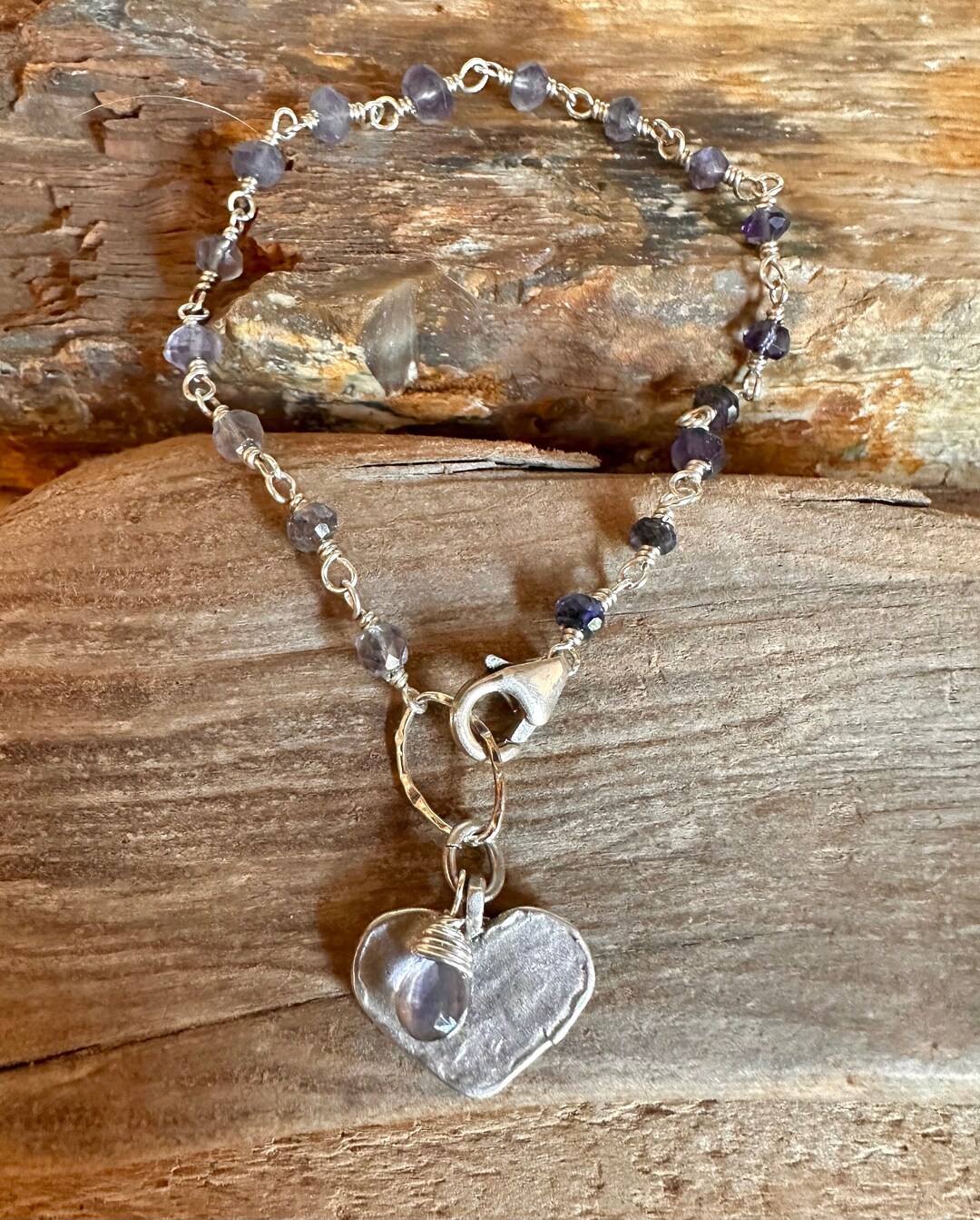 Iolite Gemstone Sterling Silver Heart Charm Bracelet - Etsy