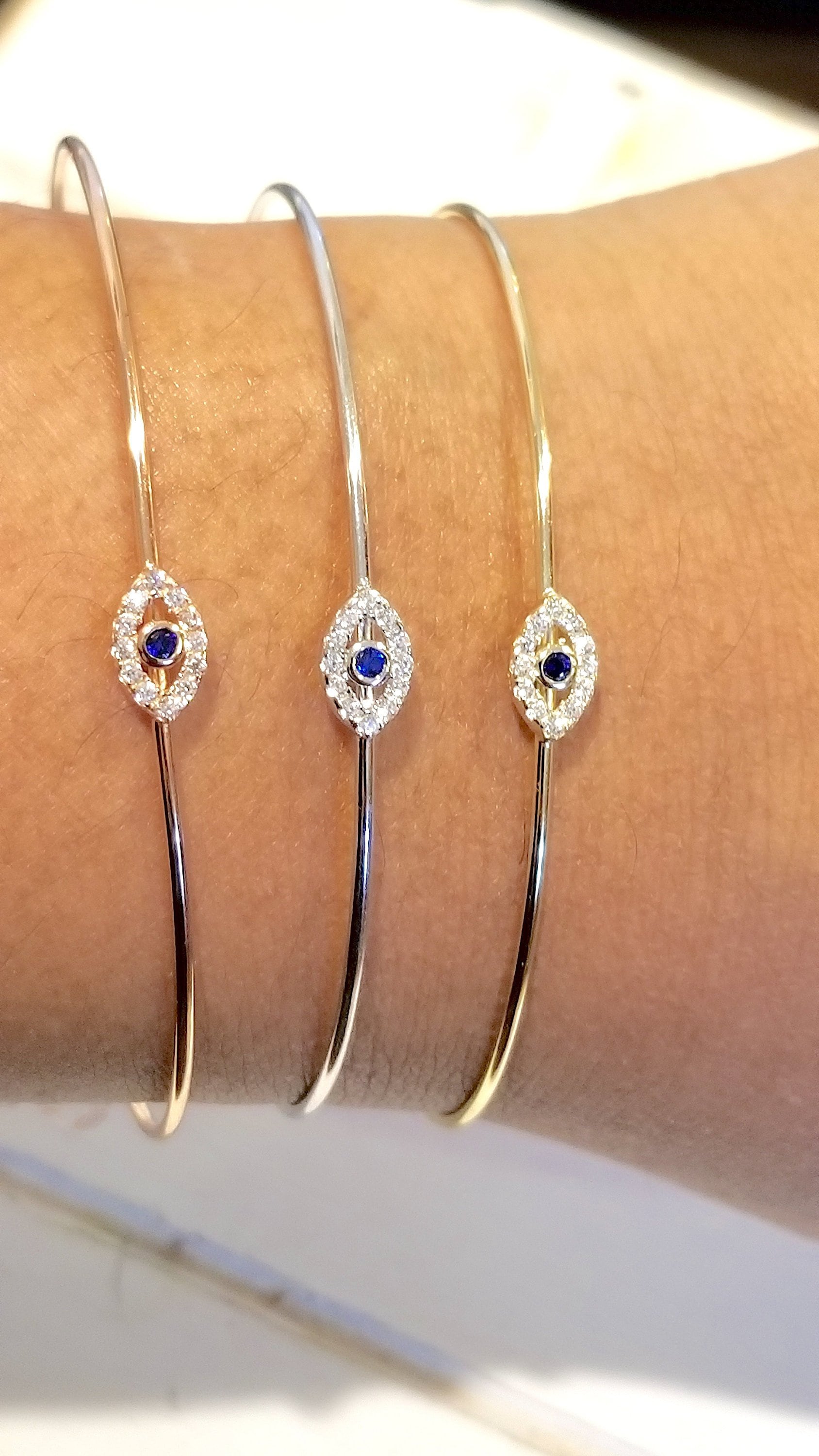 Evil Eye Bangle With CZ and Sapphire Cz Eye plain Sterling | Etsy