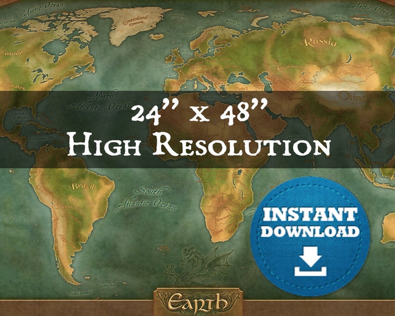Fantasy Earth Map DIGITAL Download 300dpi 24"x48" Printable - Etsy