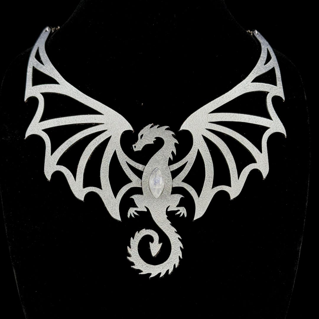Leather Silver “dragon Wings” Statement Necklace With Rainbow Moonstone ...