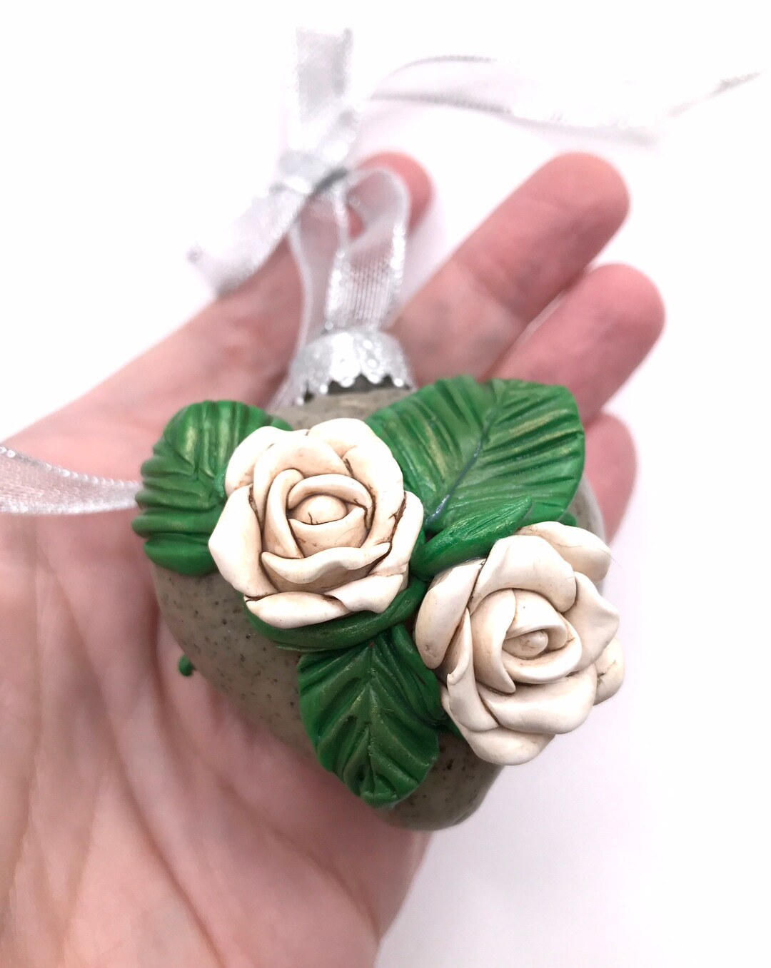Polymer Clay White Rose Christmas Ornament - Handmade Floral Tree Decor ...