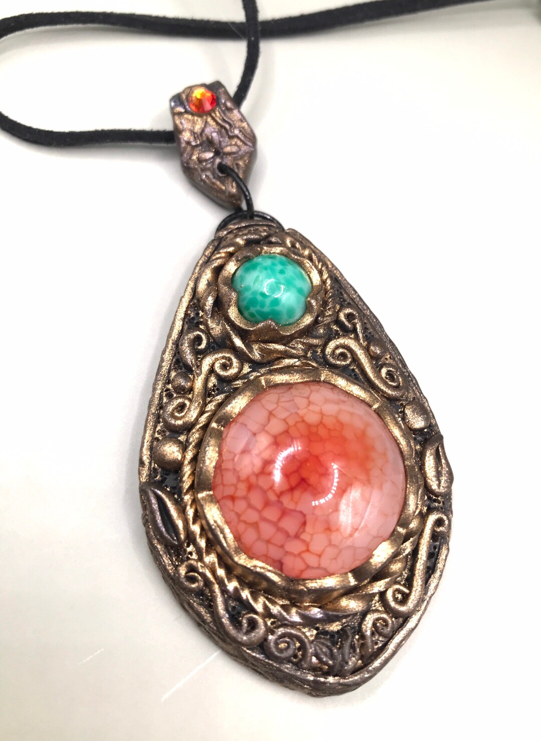 Handcrafted Orange Dragon Vein Agate Pendant Necklace: Vintage Green ...