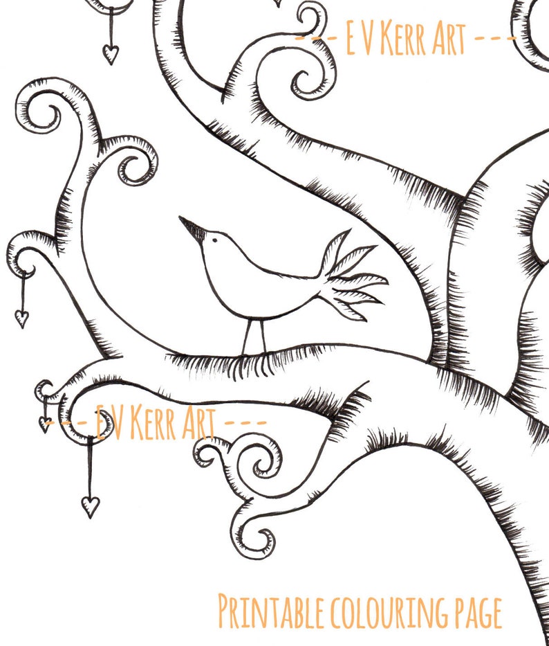Bird in Tree Printable Colouring Page - Instant Download for Adults or ...