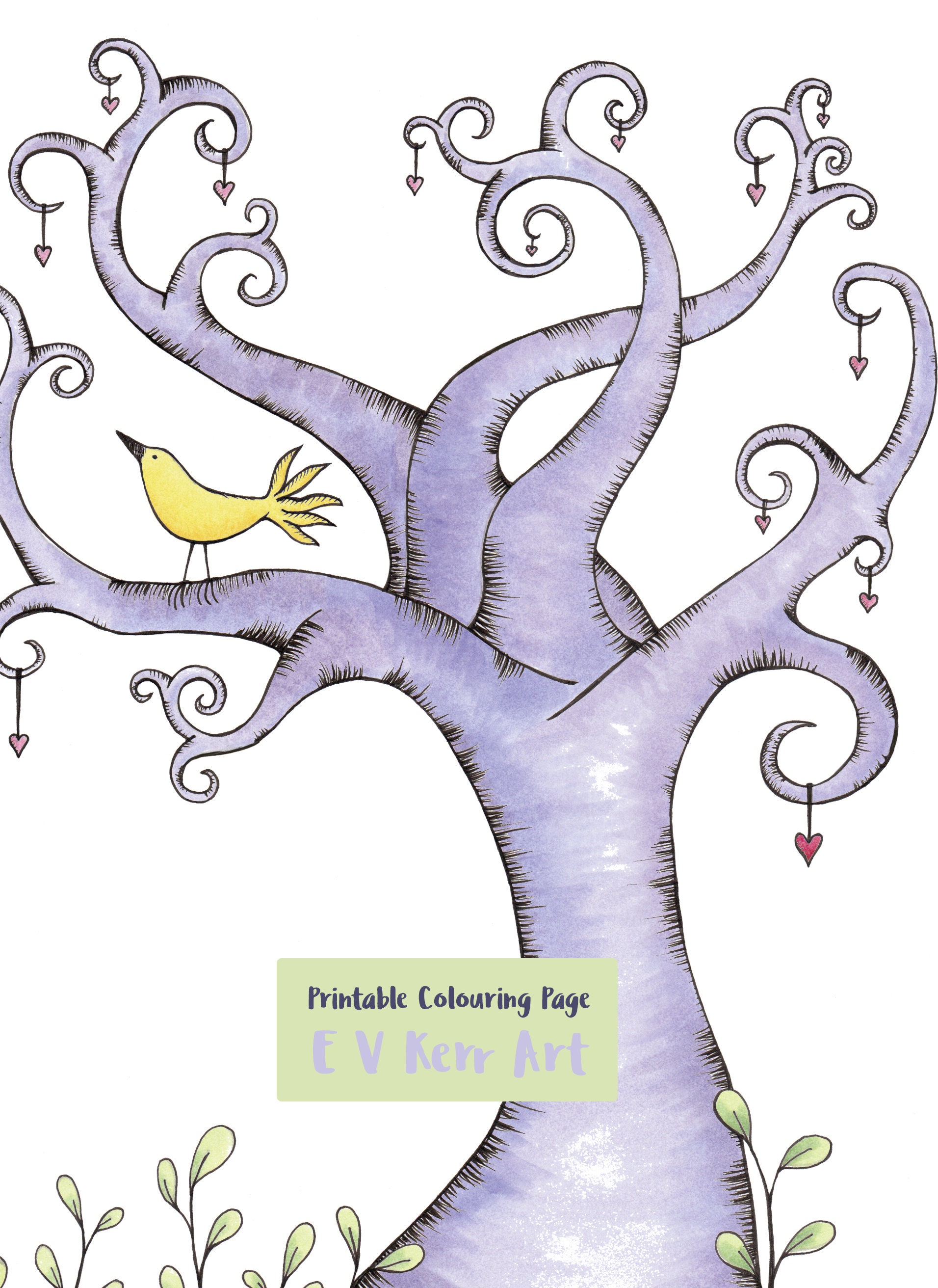 Bird in Tree Printable Colouring Page Instant Download for Adults or ...