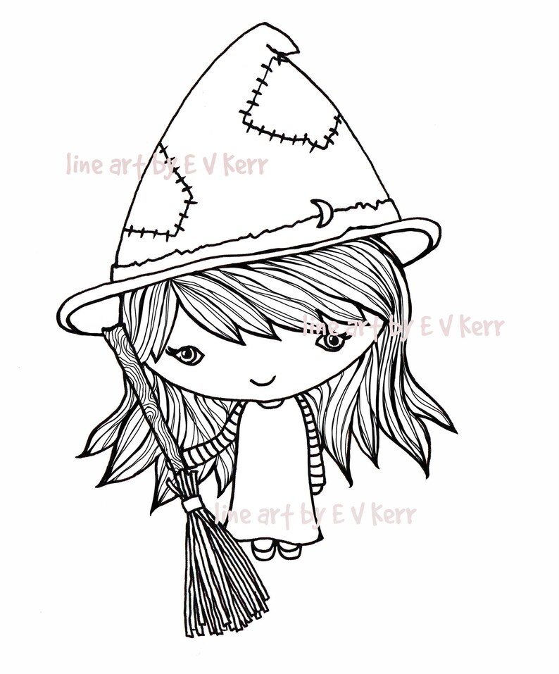 Cute Witch Digital Stamp Drawing Instant Download - Etsy