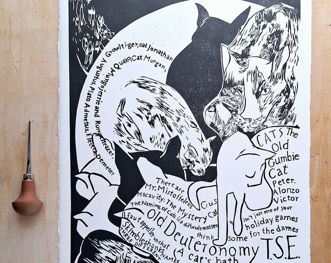 Cat-writing Linocut. A Hand-made, Original Black and White Printmaking ...