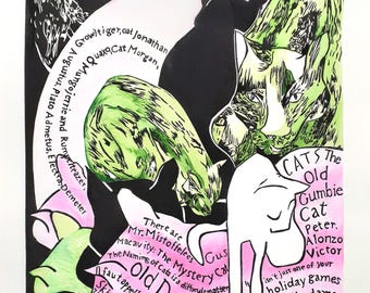 Cat-writing Linocut. A Hand-made, Original Black and White Printmaking ...