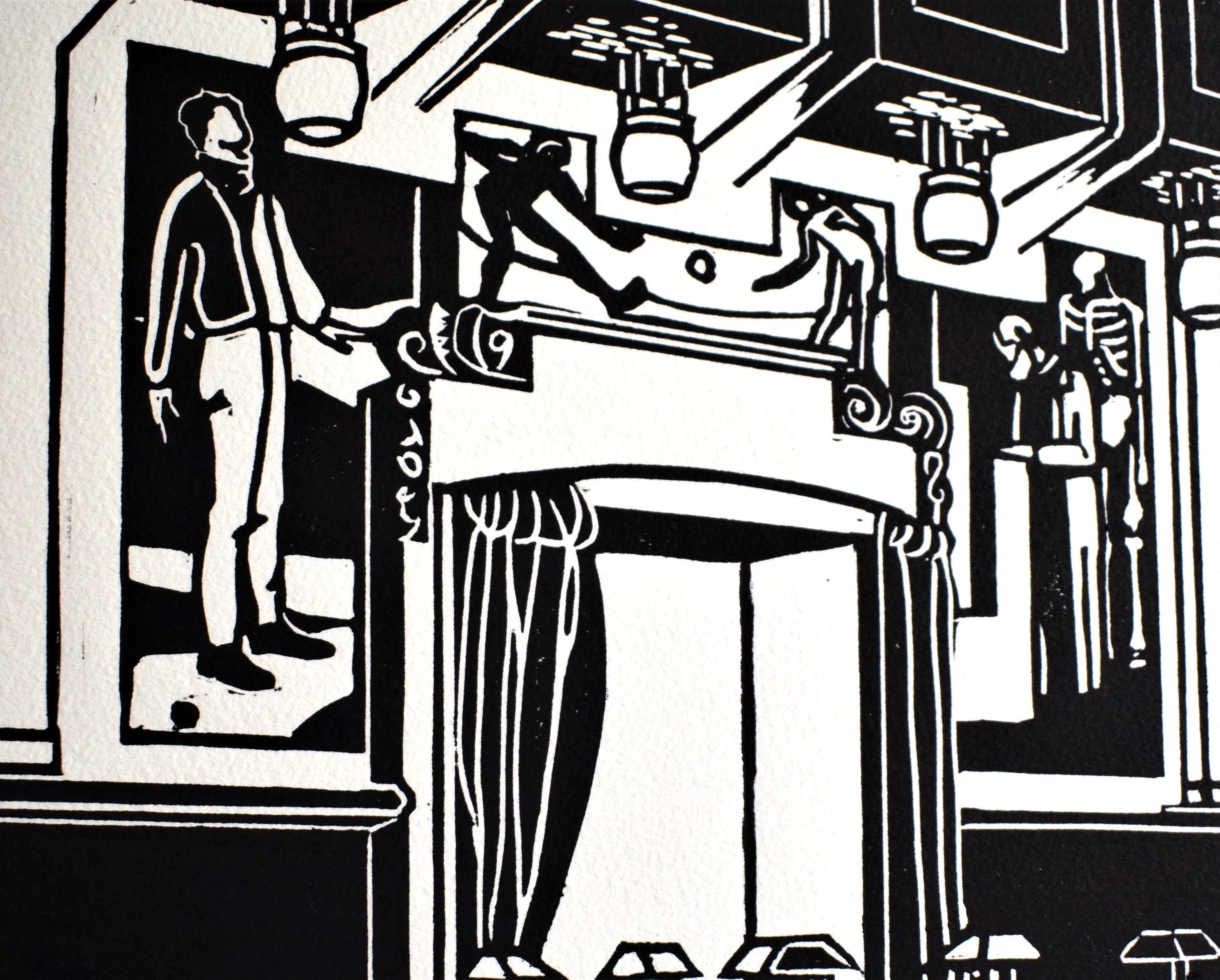 OLD UNIVERSITY LIBRARY Linocut. Man Reading a Book in the Famous ...
