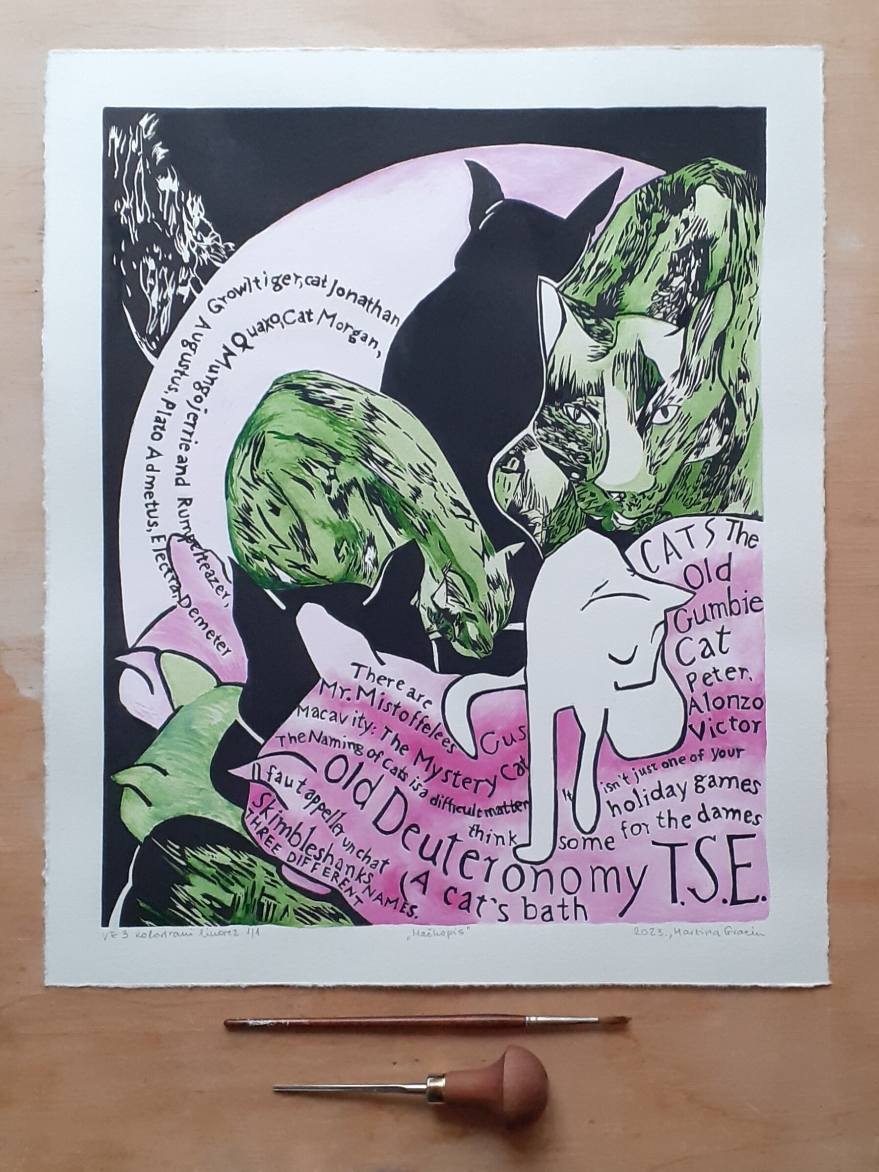 CAT-WRITING Pink and Green Hand-painted Linocut - Etsy