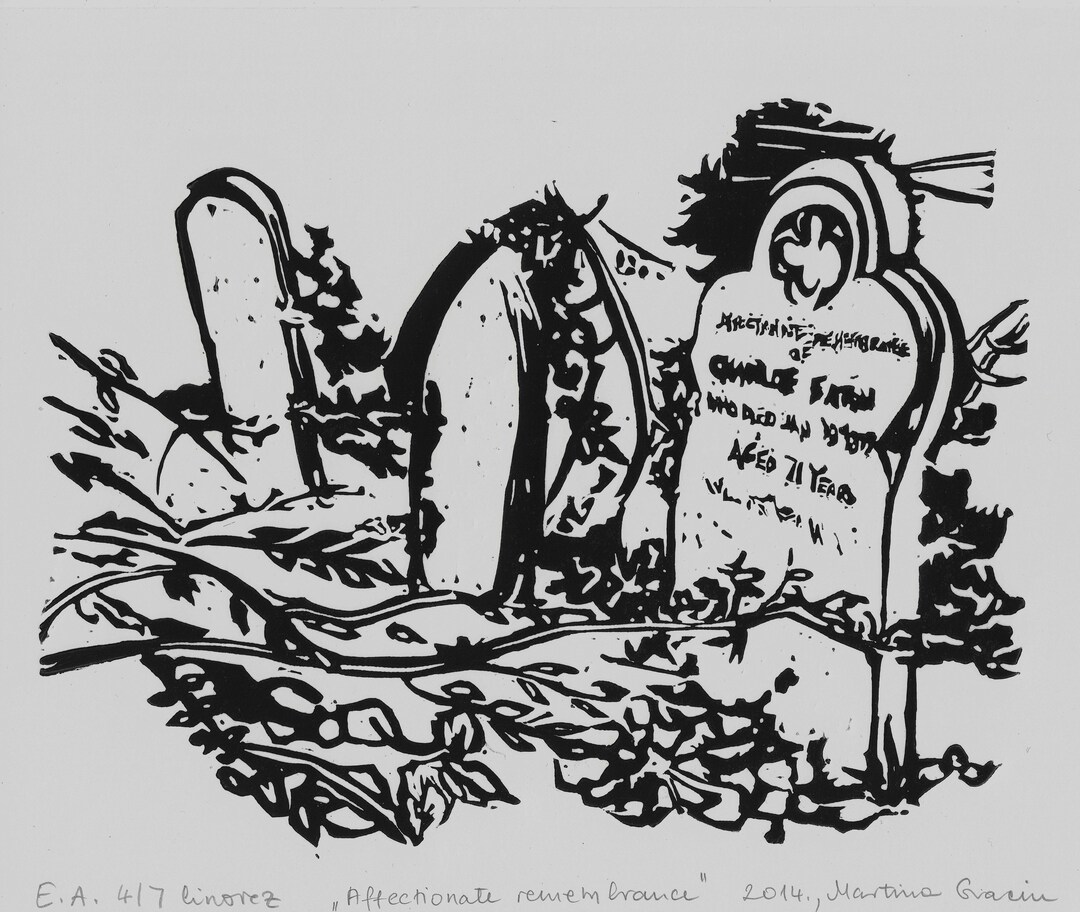 AFFECTIONATE REMEMBRANCE Linocut. Victorian Graveyard Near London ...