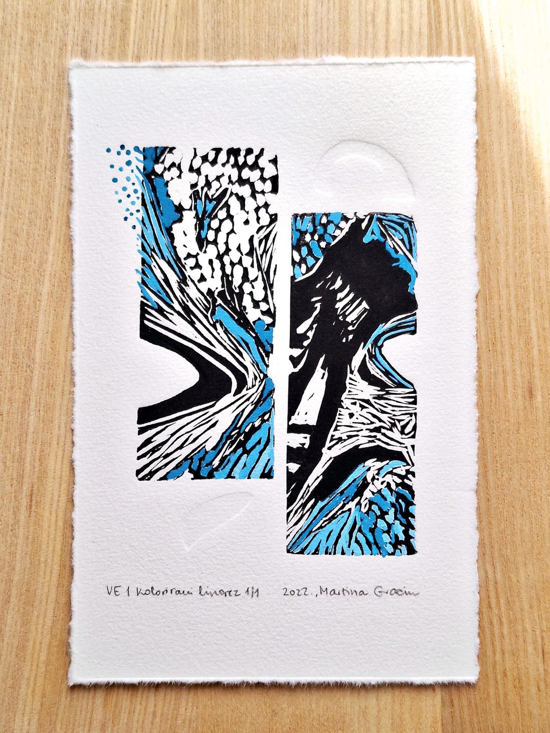 A Miniature Abstract Linocut Print With Embossing II. A Blue ...