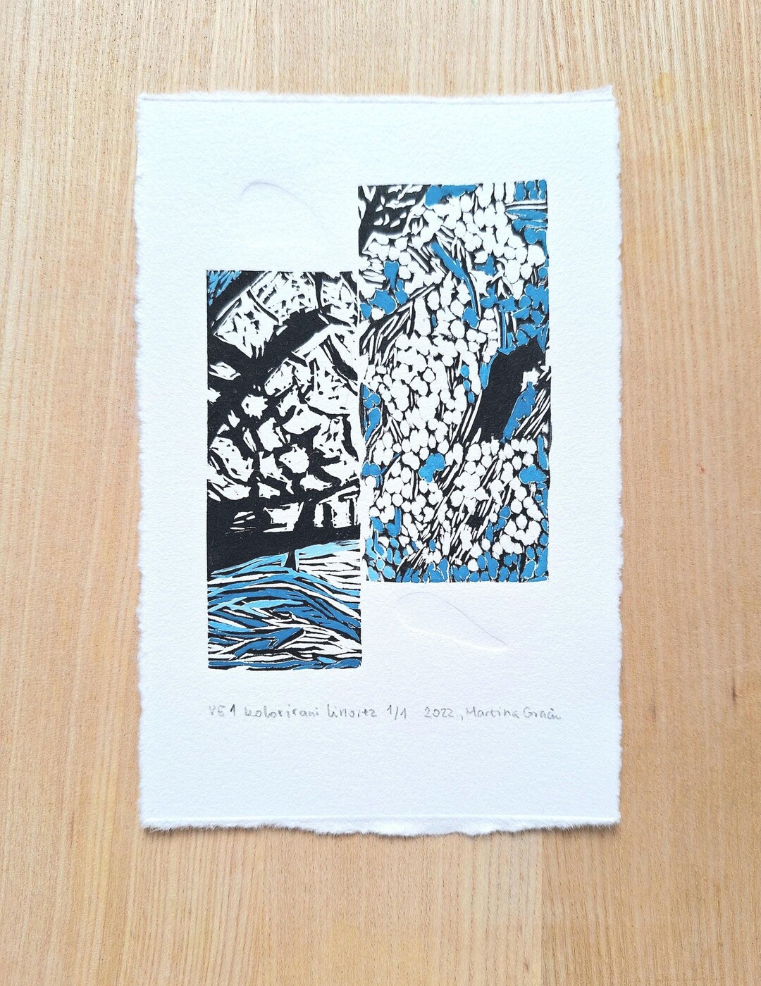 A Miniature Abstract Linocut Print With Embossing Showing a Blue Winter ...