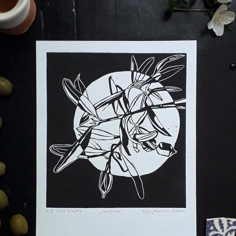 Olive Tree Linocut Print: Dalmatia Moonlight Art - Etsy