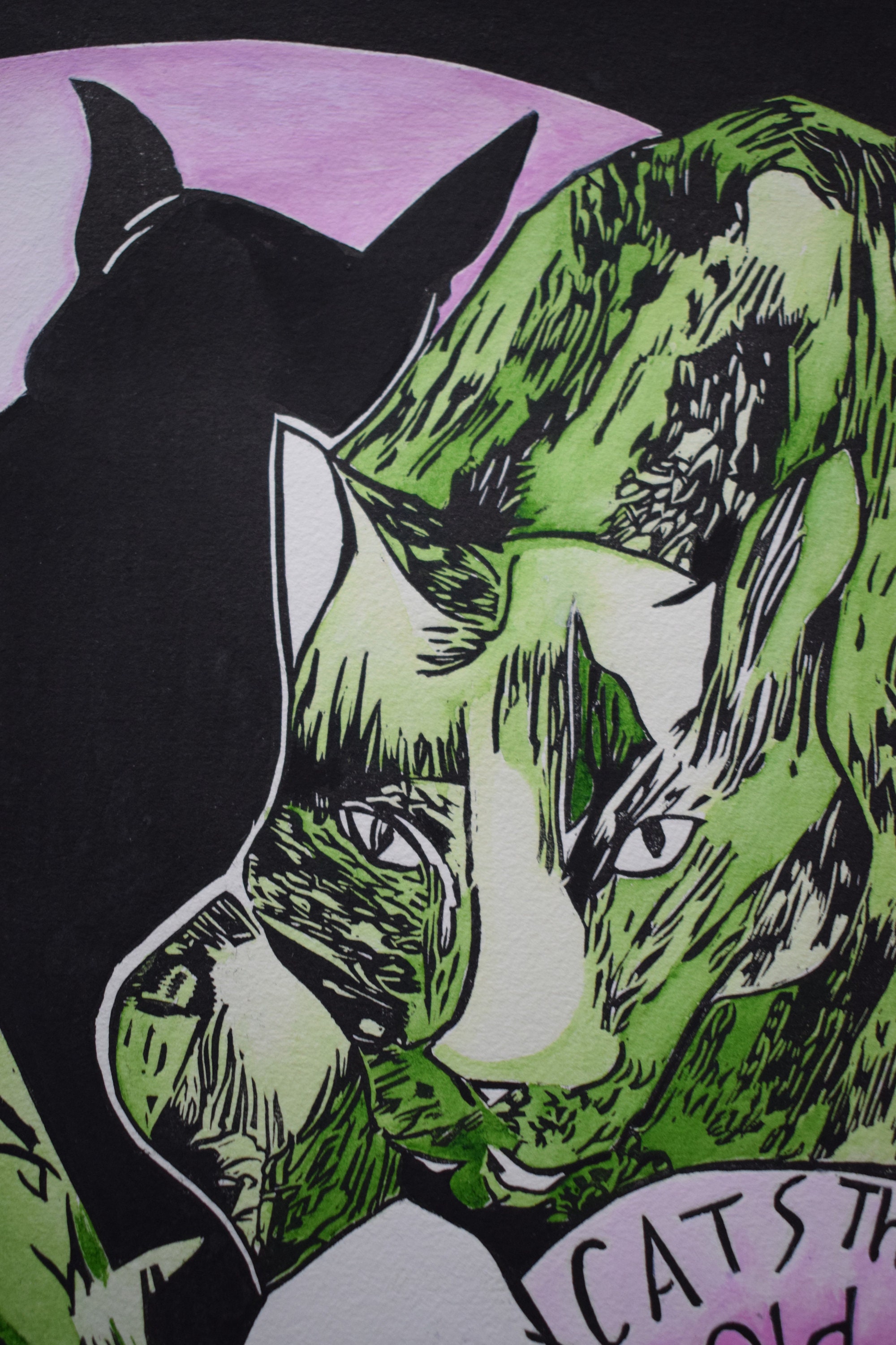 CAT-WRITING Pink and Green Hand-painted Linocut - Etsy