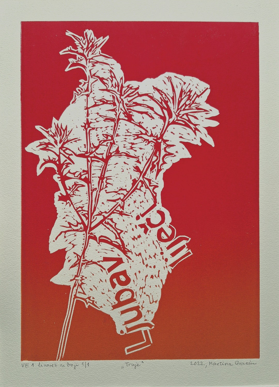 THORNS Linocut, Unique Variation. A Hand-made Art in Orange and Red ...