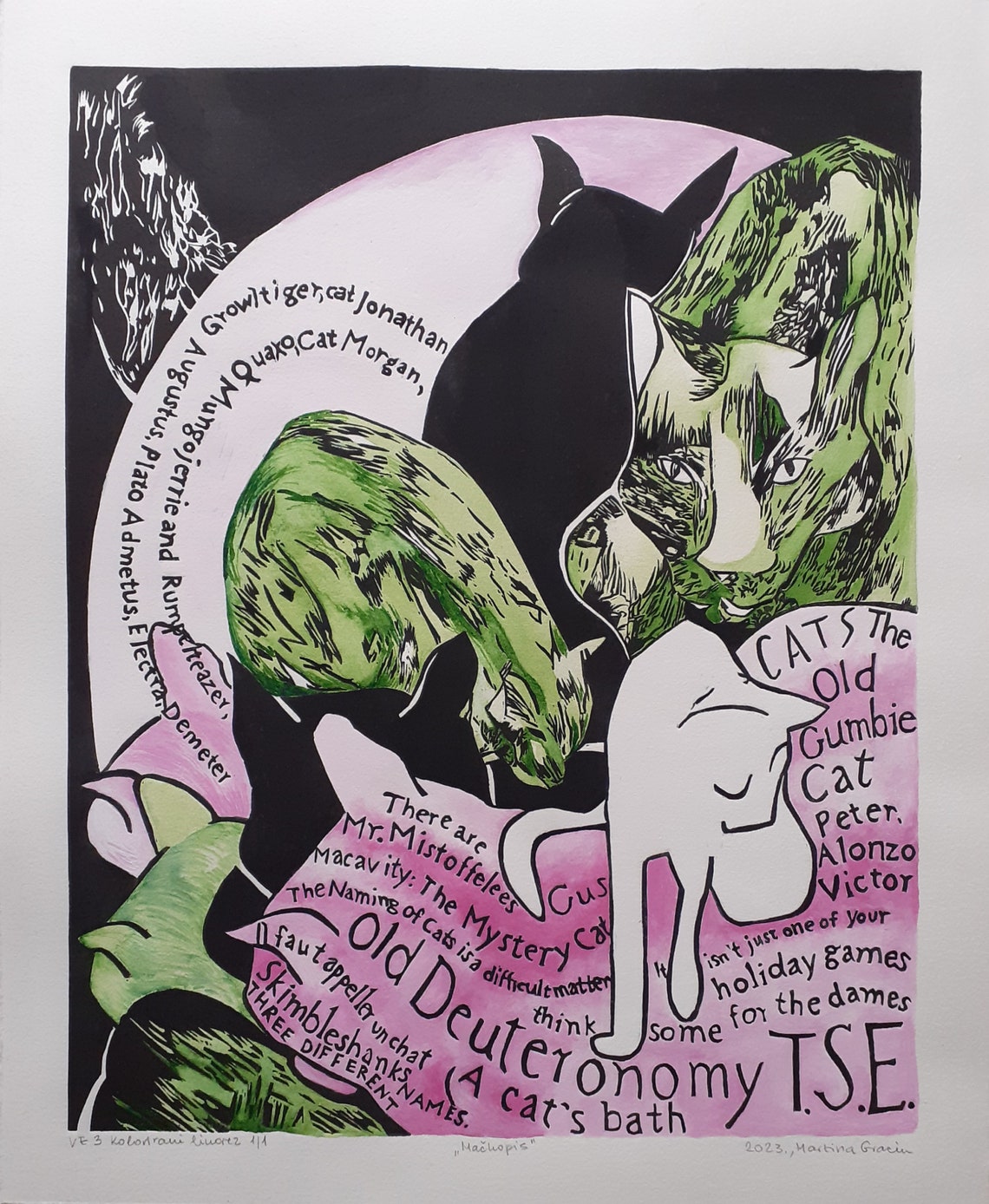 CAT-WRITING Pink and Green Hand-painted Linocut - Etsy