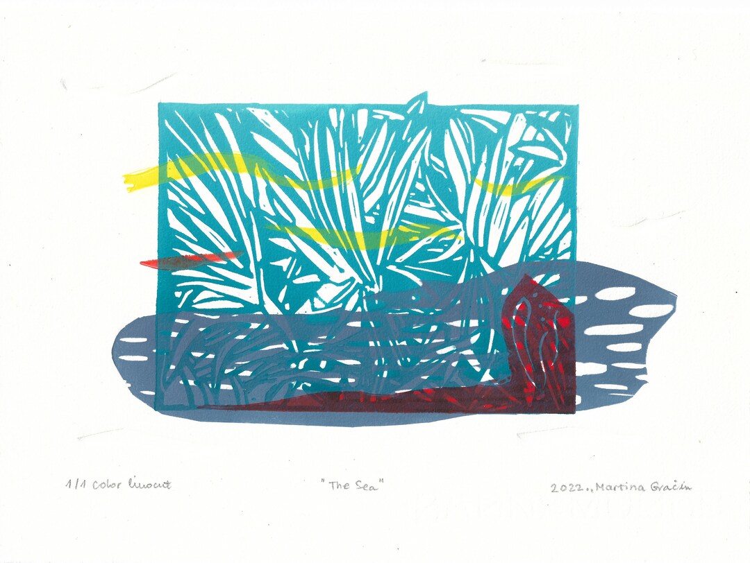 THE SEA, Color Linocut. A Purple Undersea With a Red Coral Reef in ...