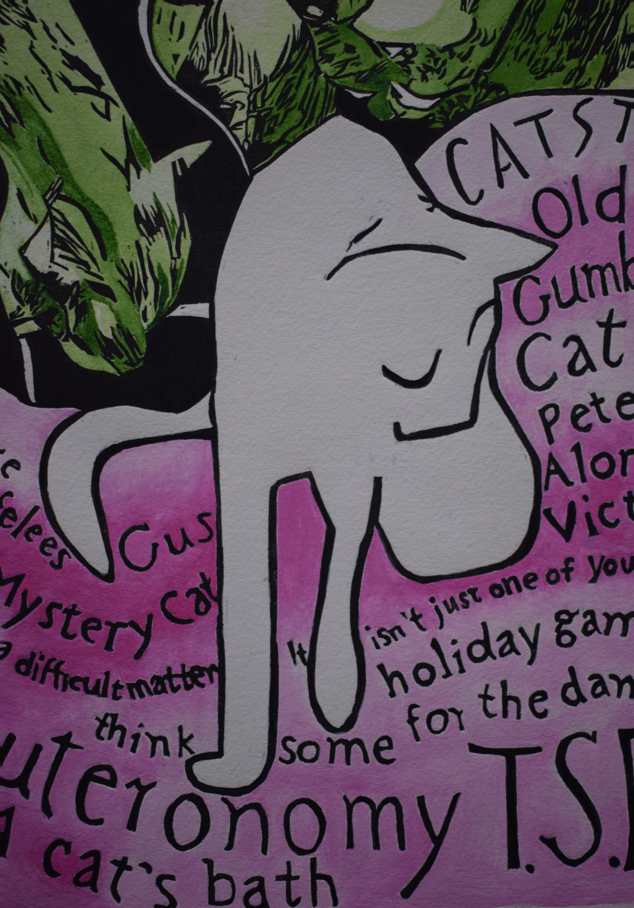 CAT-WRITING Pink and Green Hand-painted Linocut - Etsy