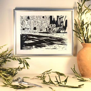 TOWN Linocut. an Old Square in Sanremo, a Mediterranean and Medieval ...