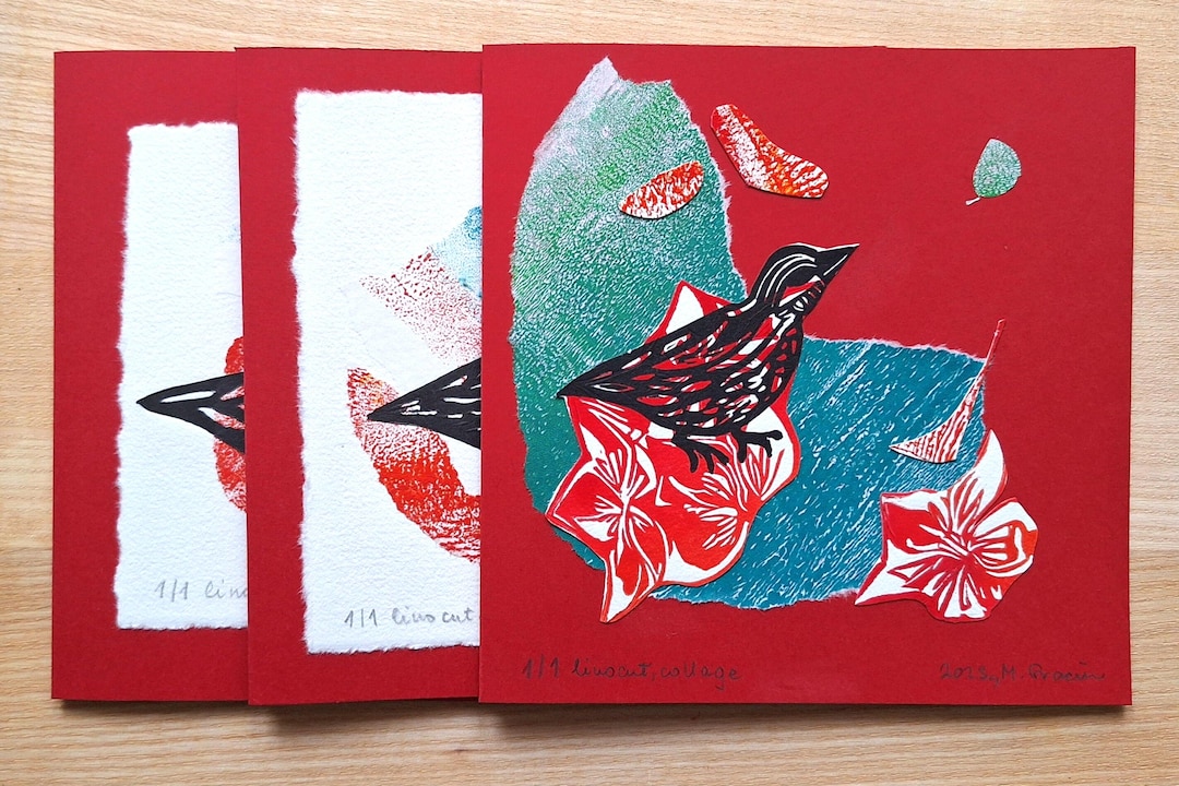 Set of Three Big Unique Artistic Bird Linocut Cards. Original, Hand ...