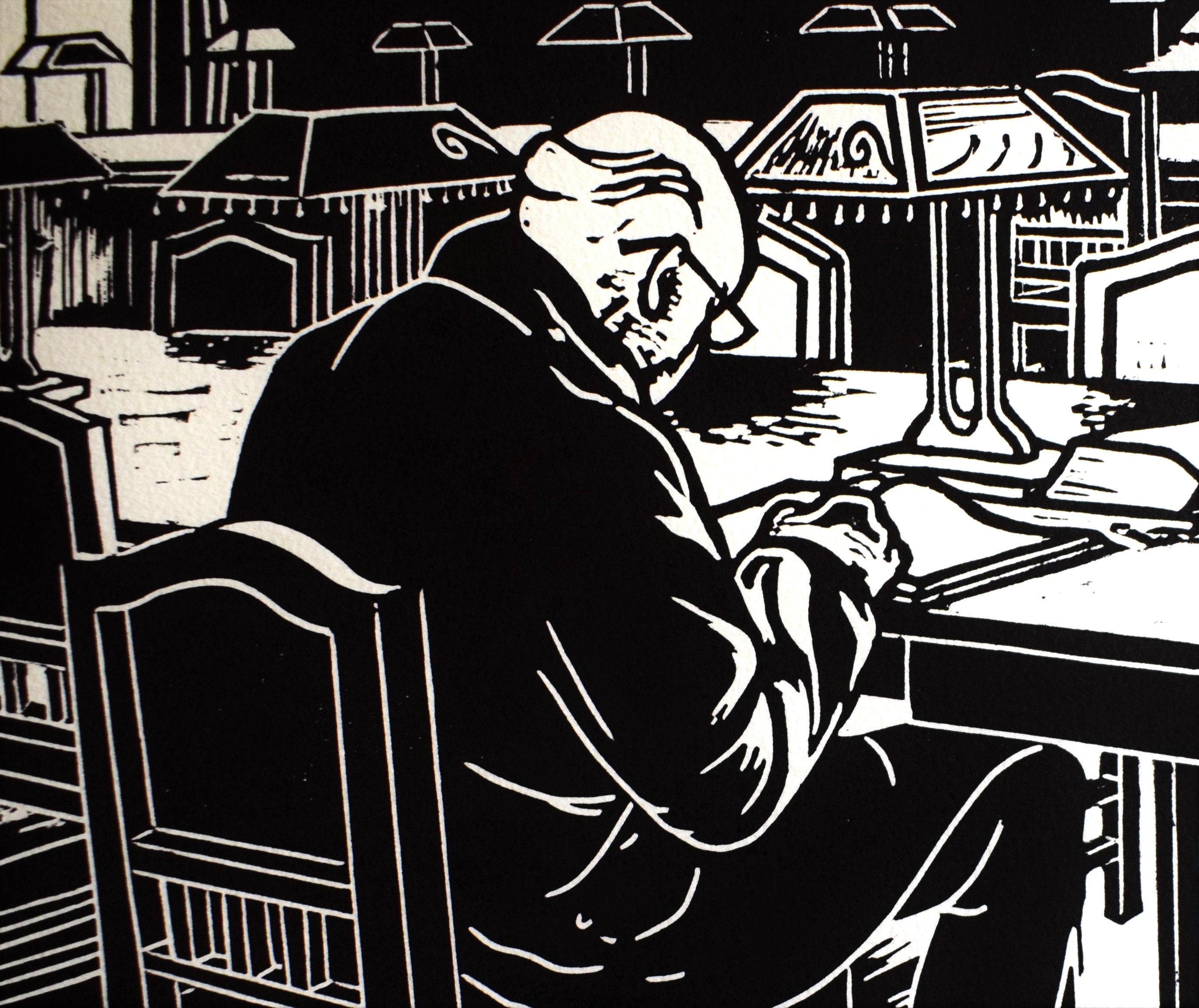OLD UNIVERSITY LIBRARY Linocut. Man Reading a Book in the Famous ...