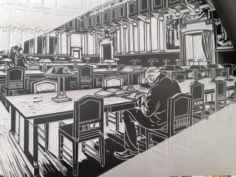 OLD UNIVERSITY LIBRARY Linocut. Man Reading a Book in the Famous ...