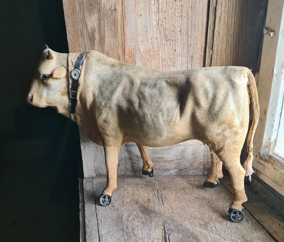 RESERVED Rare Antique French Cow on Wheels Toy - Etsy