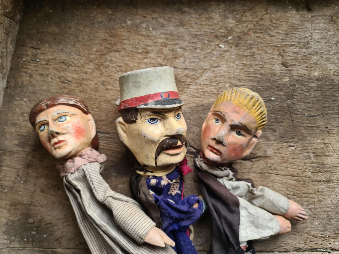 3 Antique French Character Puppets Hand Puppet Marionettes Theatre Doll ...