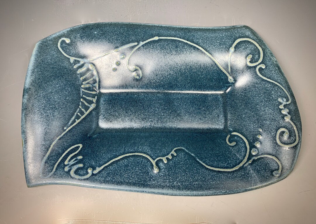 Handbuilt Ceramic Blue Platter With Slip Trailing Design, Handmade ...