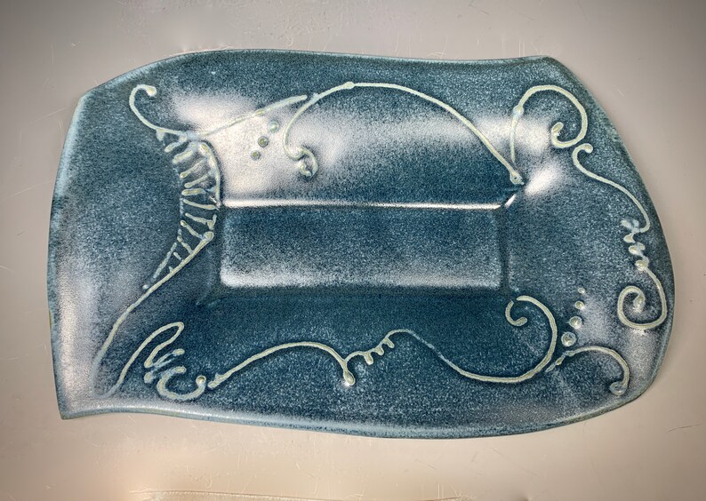 Handbuilt Ceramic Blue Platter With Slip Trailing Design, Handmade ...