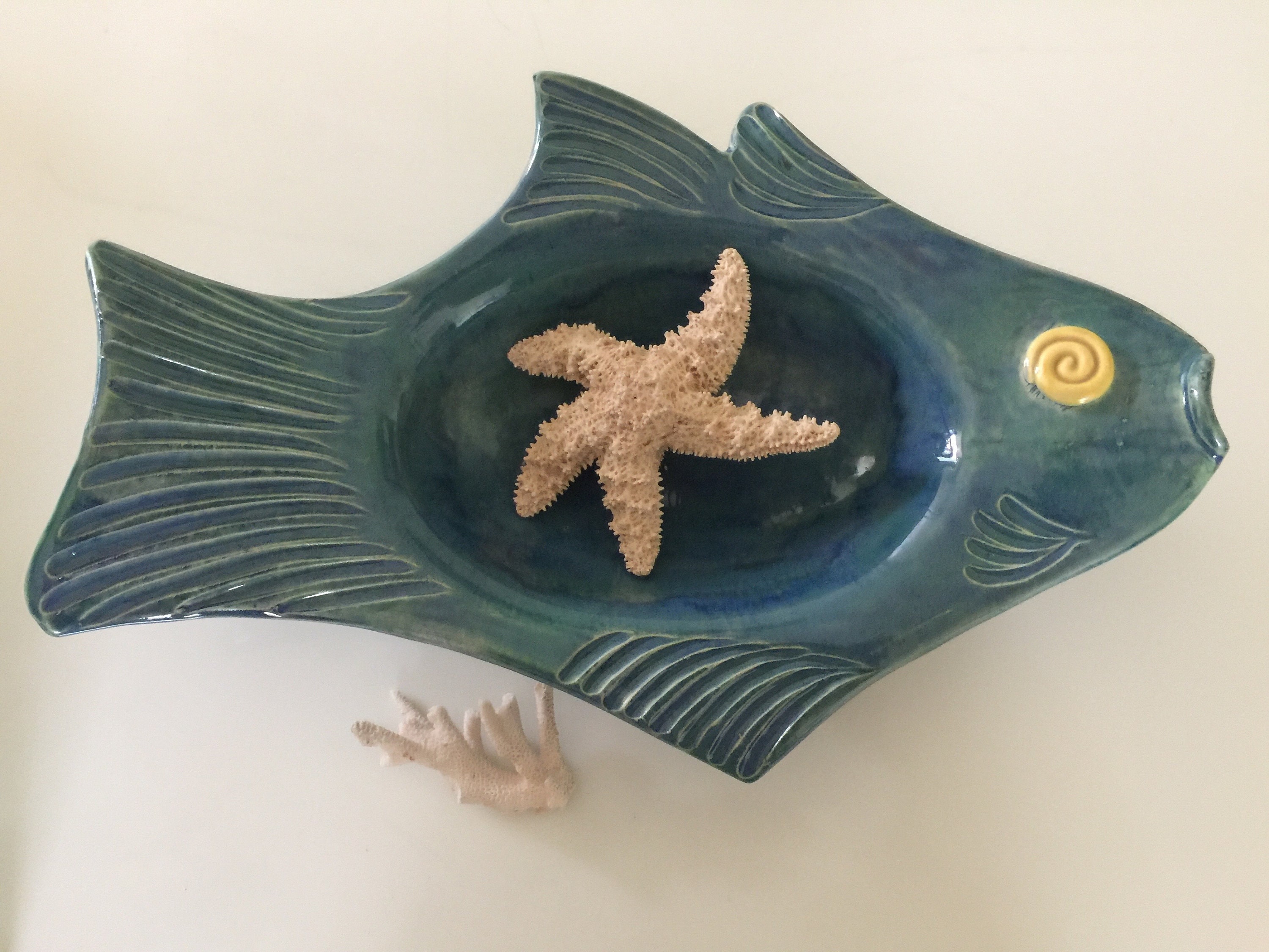 Handmade Ceramic Oval Green Fish Bowl, Large Earthenware Trout Serving ...