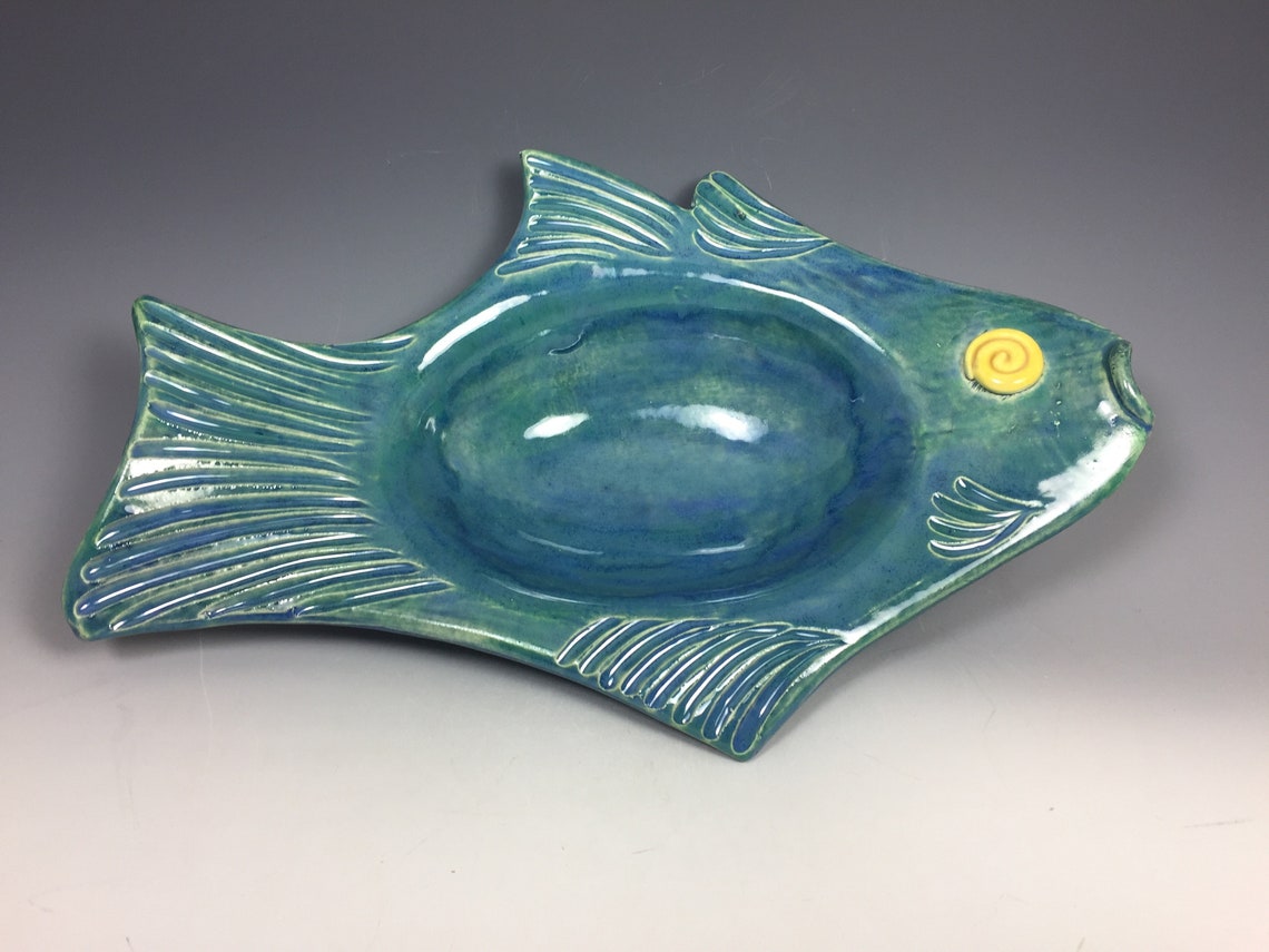 Handmade Ceramic Oval Green Fish Bowl Large Earthenware Trout - Etsy