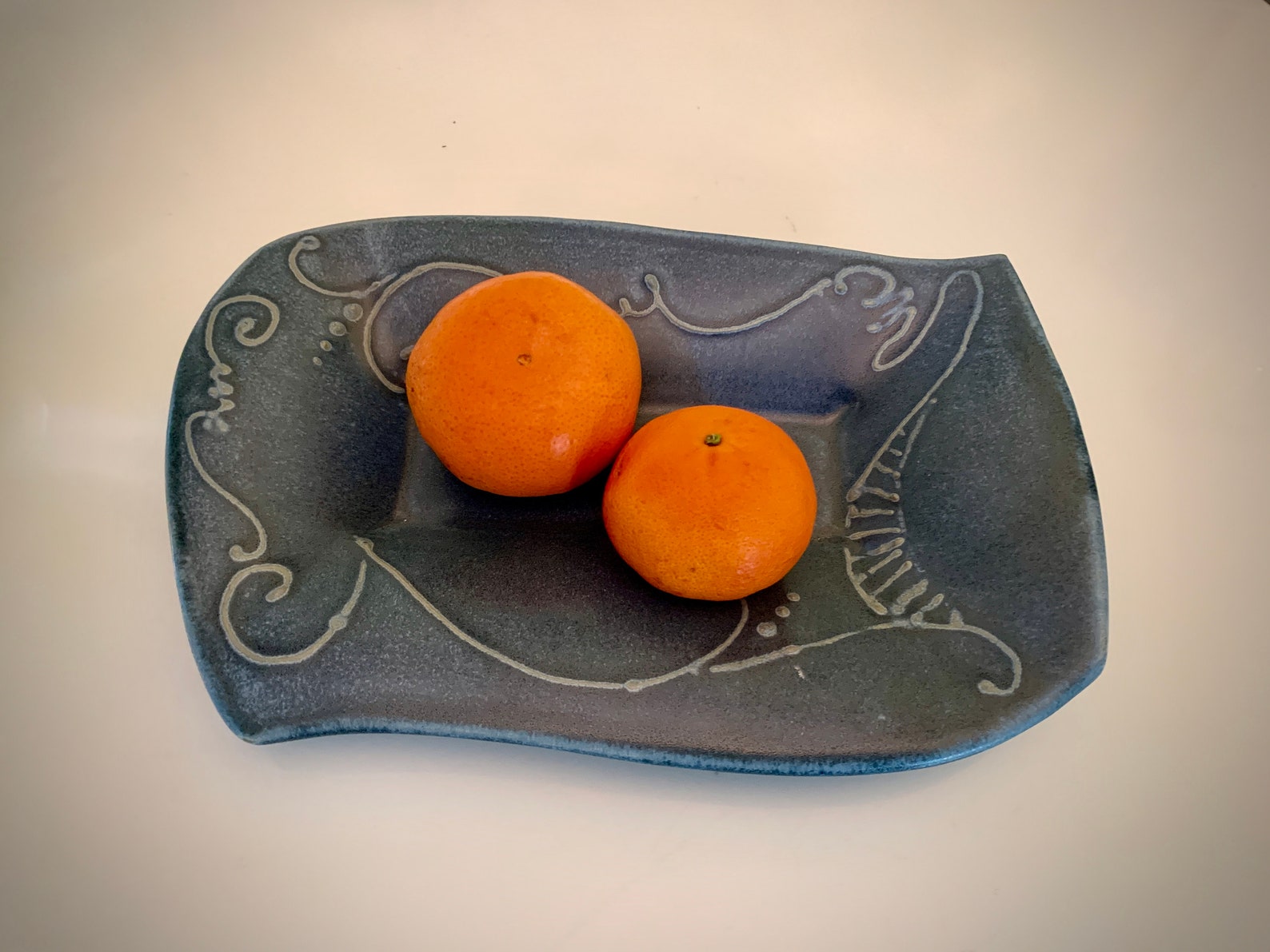 Handbuilt Ceramic Blue Platter With Slip Trailing Design, Handmade ...