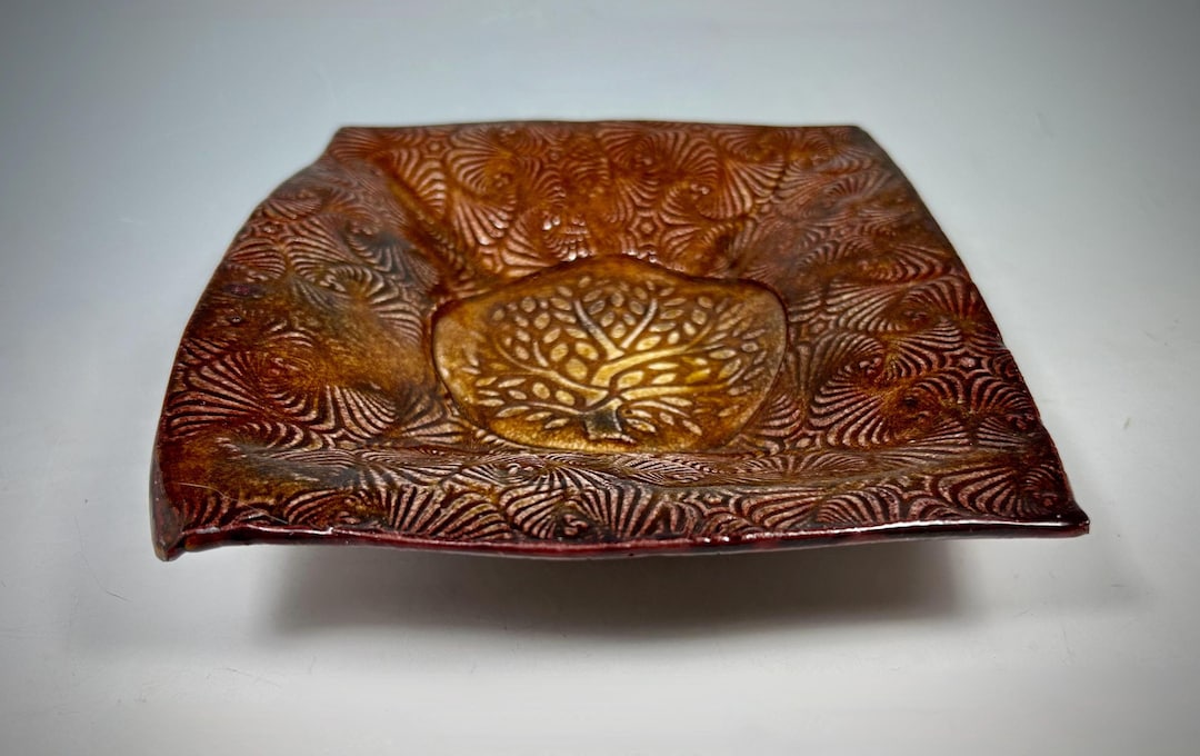 Hand Built Ceramic Platter Red Sparkle Glaze, Intricate Design, Small ...