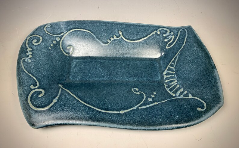 Handbuilt Ceramic Blue Platter With Slip Trailing Design, Handmade ...