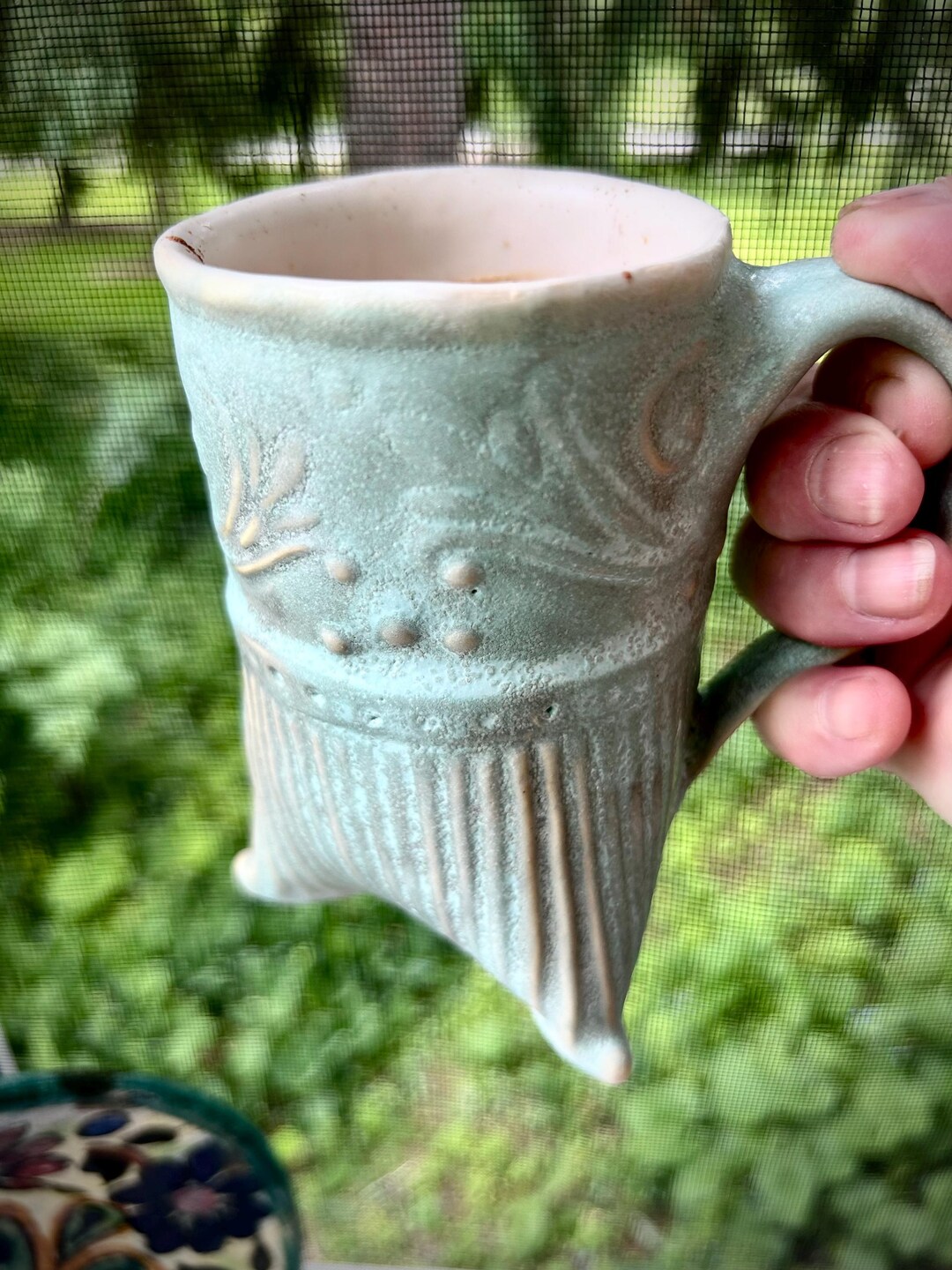 Hand Built Tripod Mug With Shimmering Mint Green Glaze. Ceramic Pottery ...