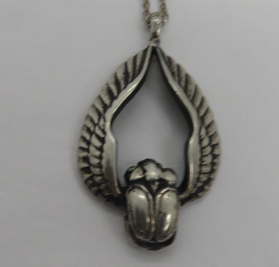 Vintage Egyptian Winged Scarab Sterling Silver Long N… - Gem