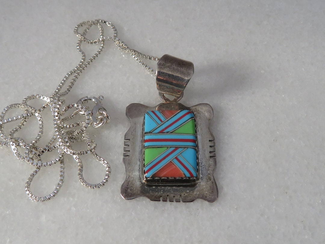 Vintage Sterling Silver Zuni Inlay Pendant Necklace. - Etsy