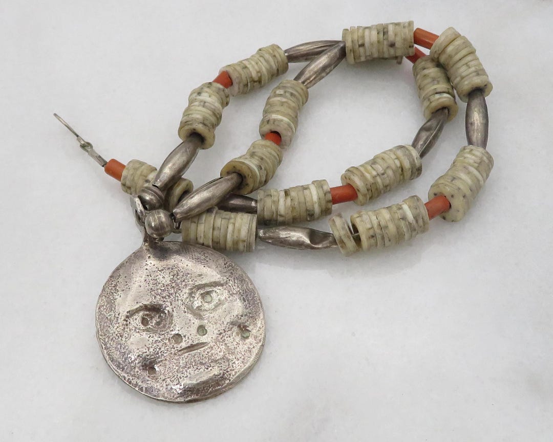 Vintage Tribal Sun Face Stone & Coral Sterling Silver Necklace. - Etsy