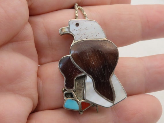 Vintage Zuni Signed Eagle Pendant Necklace Sterling S… - Gem