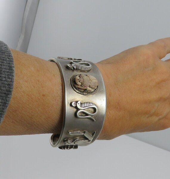 Egyptian Revival Sterling Silver Scarab Beetle Cuff Bracelet. 46.2 Grams