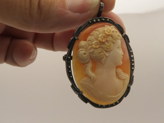 Antique Victorian 800 Silver Cameo Marcasite Pendant … - Gem Antique Victorian 800 Silver Cameo Marcasite Pendant … - Gem