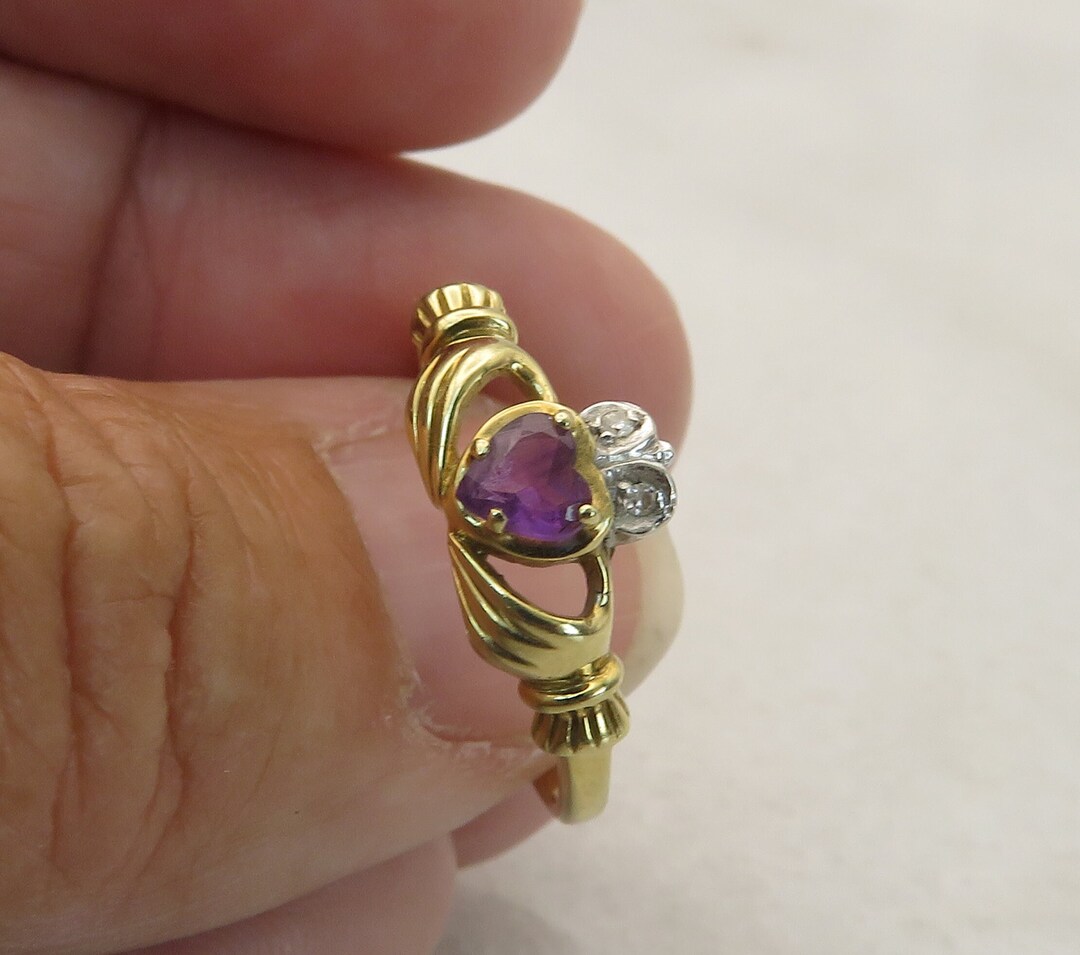 Vintage 14k Irish Claddagh Heart Amethyst Diamond Engagement Ring. Sz 8 ...