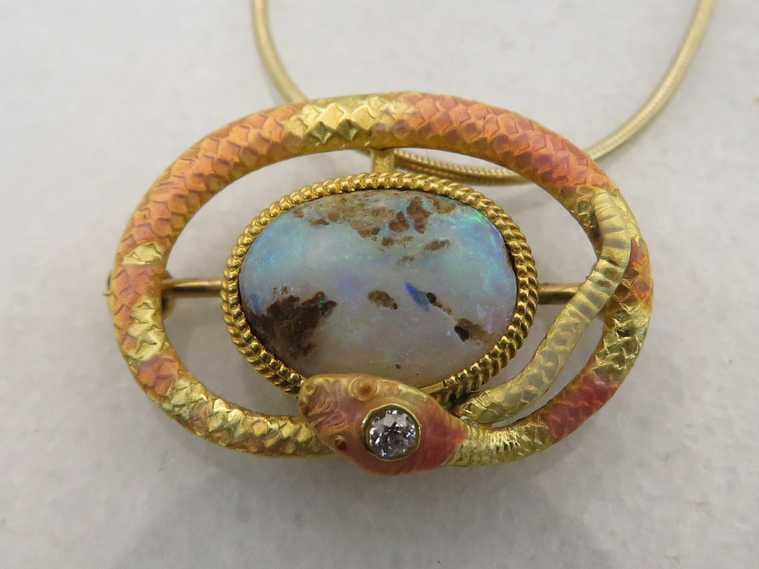 Art Nouveau 14k Enamel Diamond Opal Snake Pendant Necklace. - Etsy