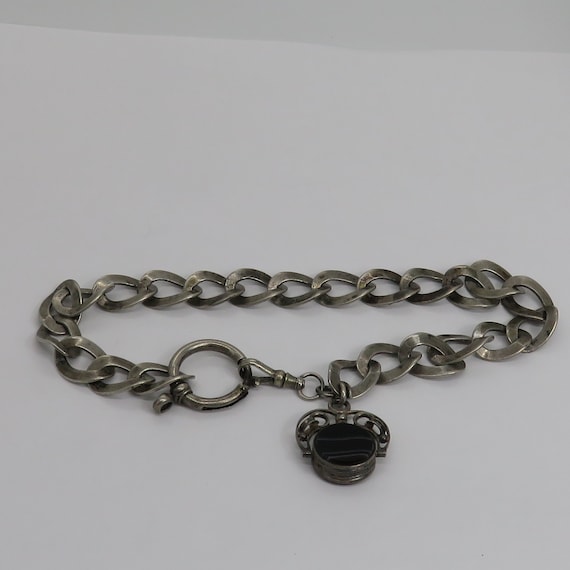Victorian Sterling Silver Agate Fob Pendant Chain Dou… - Gem