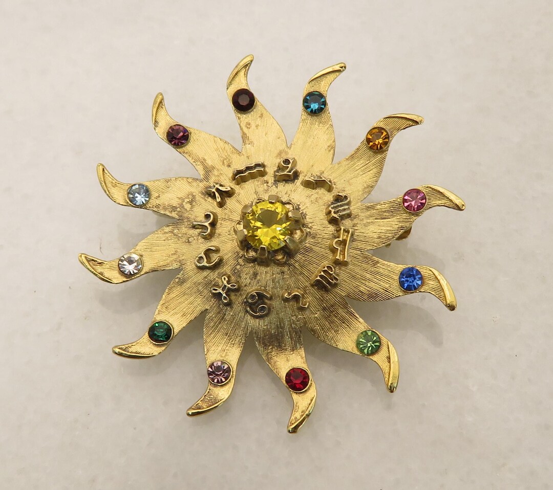 Vintage Astrology Zodiac Birthstone Sterling Silver Sun Brooch Pin. - Etsy